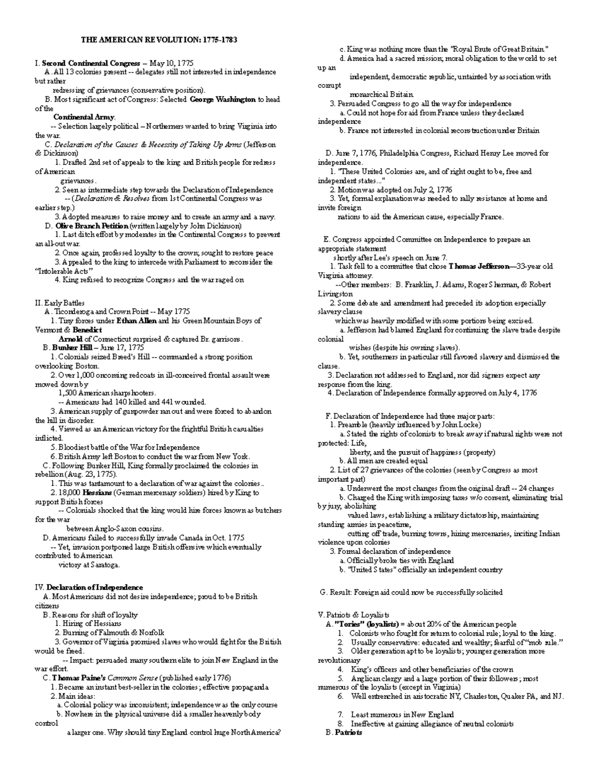 THE American Revolution notes - THE AMERICAN REVOLUTION: I. Second ...
