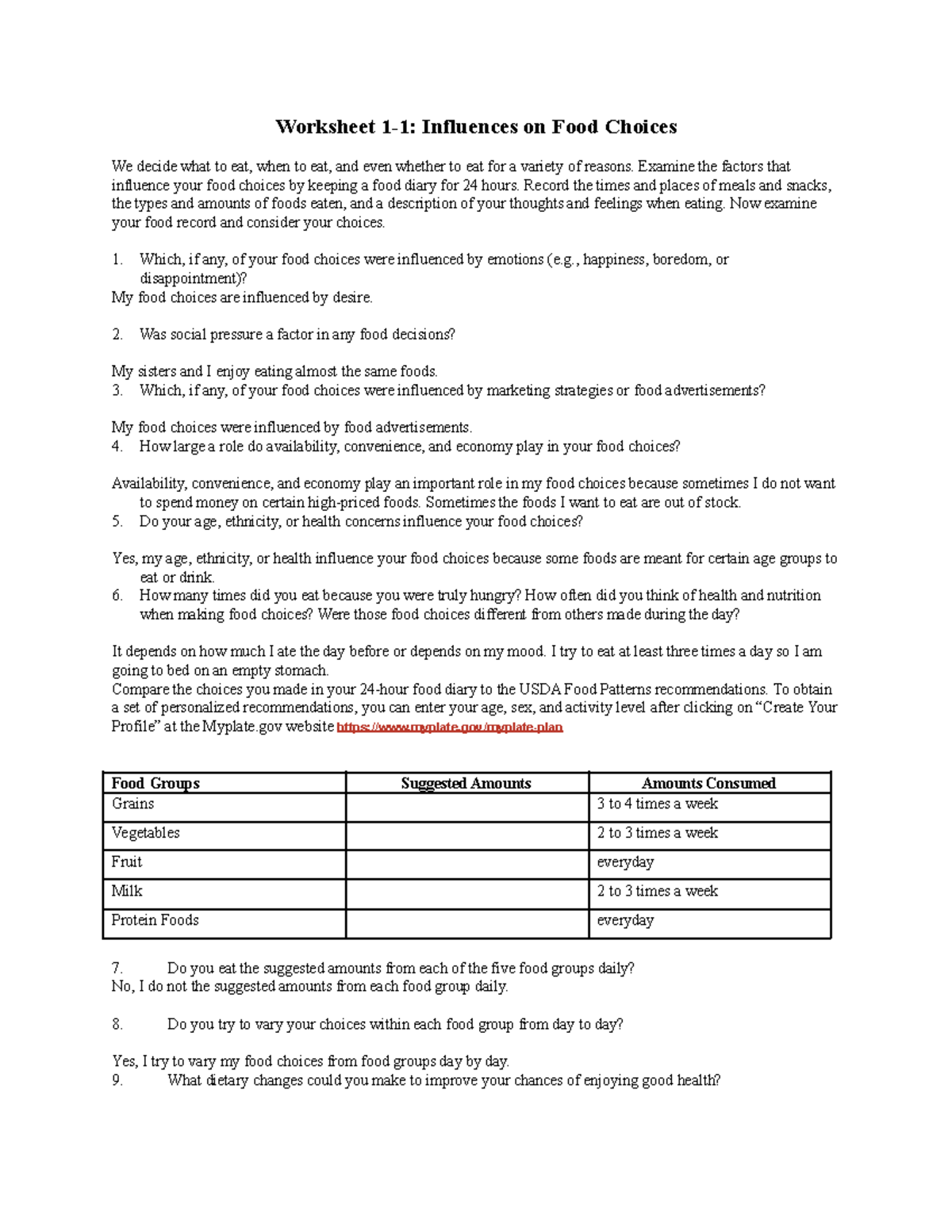Worksheet 1 1 Basic Nutrition Assignment Worksheet 1 1 Influences