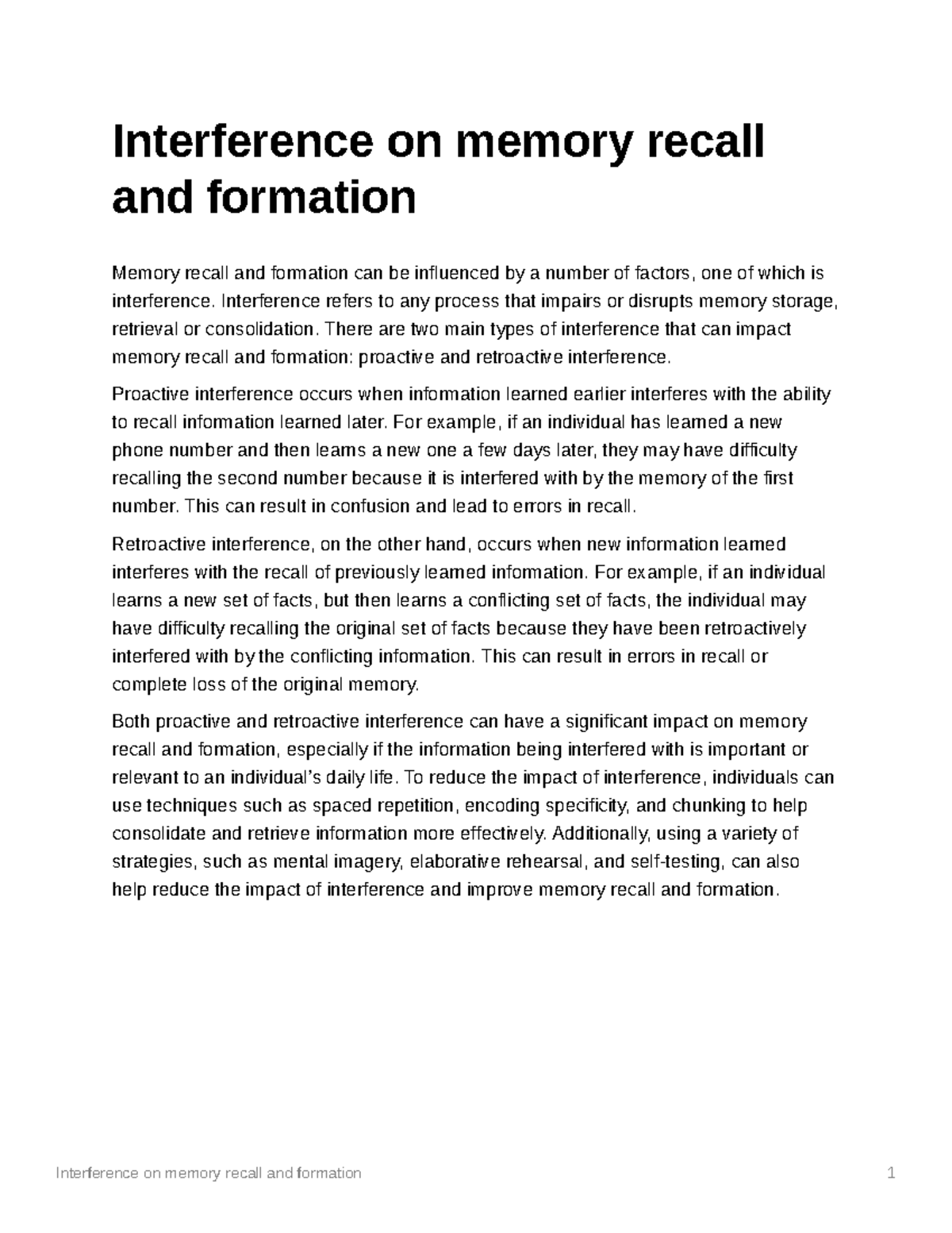 Interference on memory recall and formation - Interference refers to ...