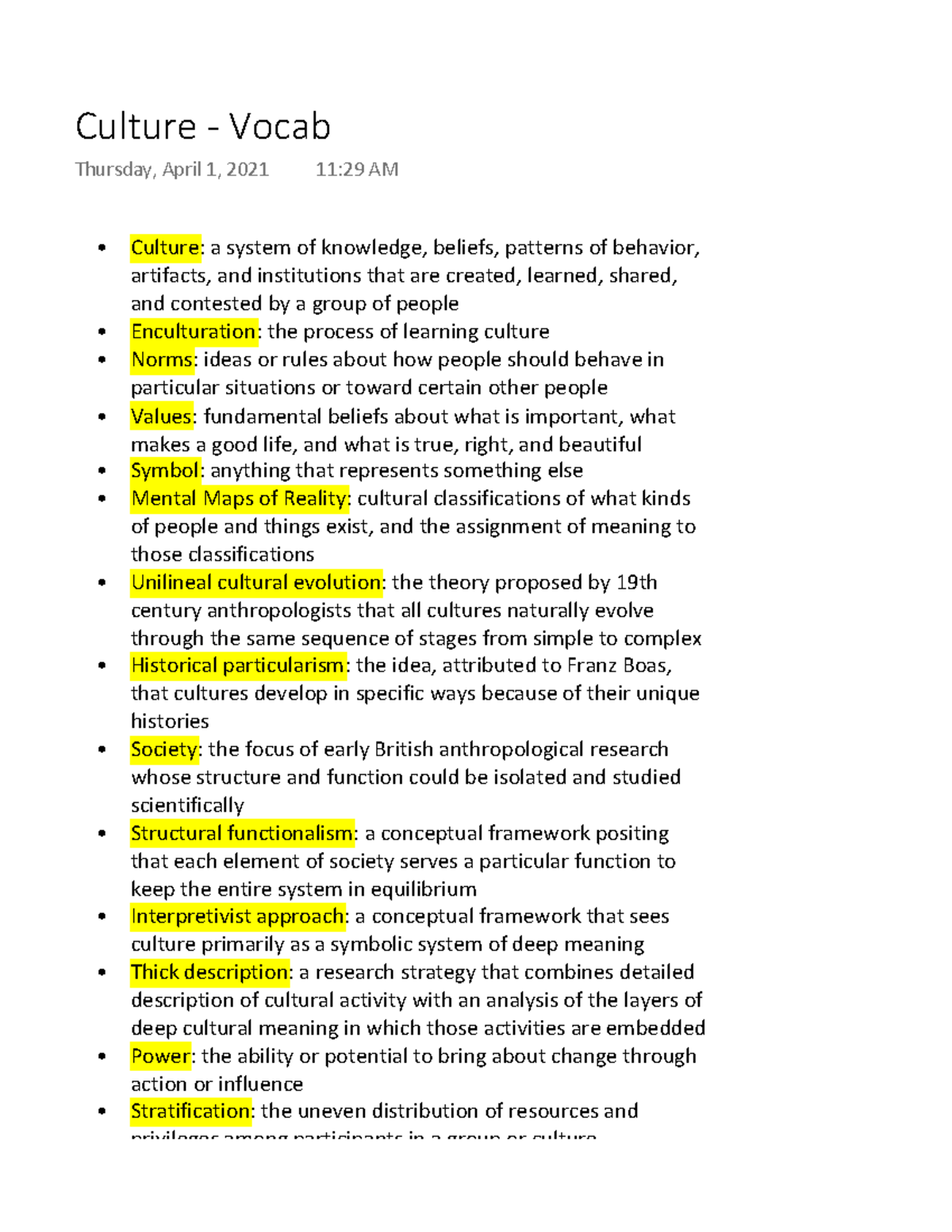 Culture - Vocab - Lecture notes Ch 2 - Culture: a system of knowledge ...