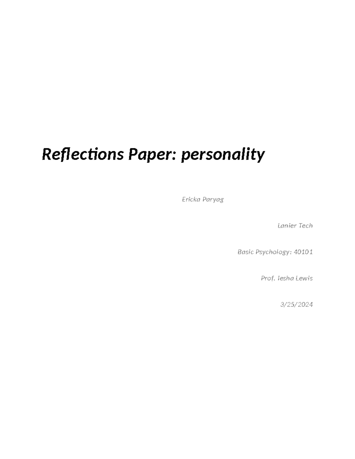 Reflections Paper-personality - Reflections Paper: personality Ericka ...