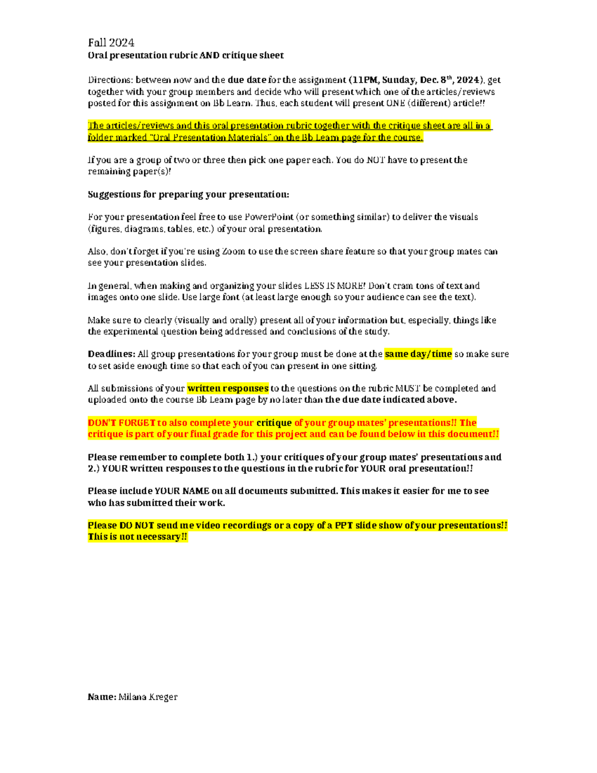 Oral presentation rubric AND Critique sheet Fall 2024 Article 1 - Oral ...