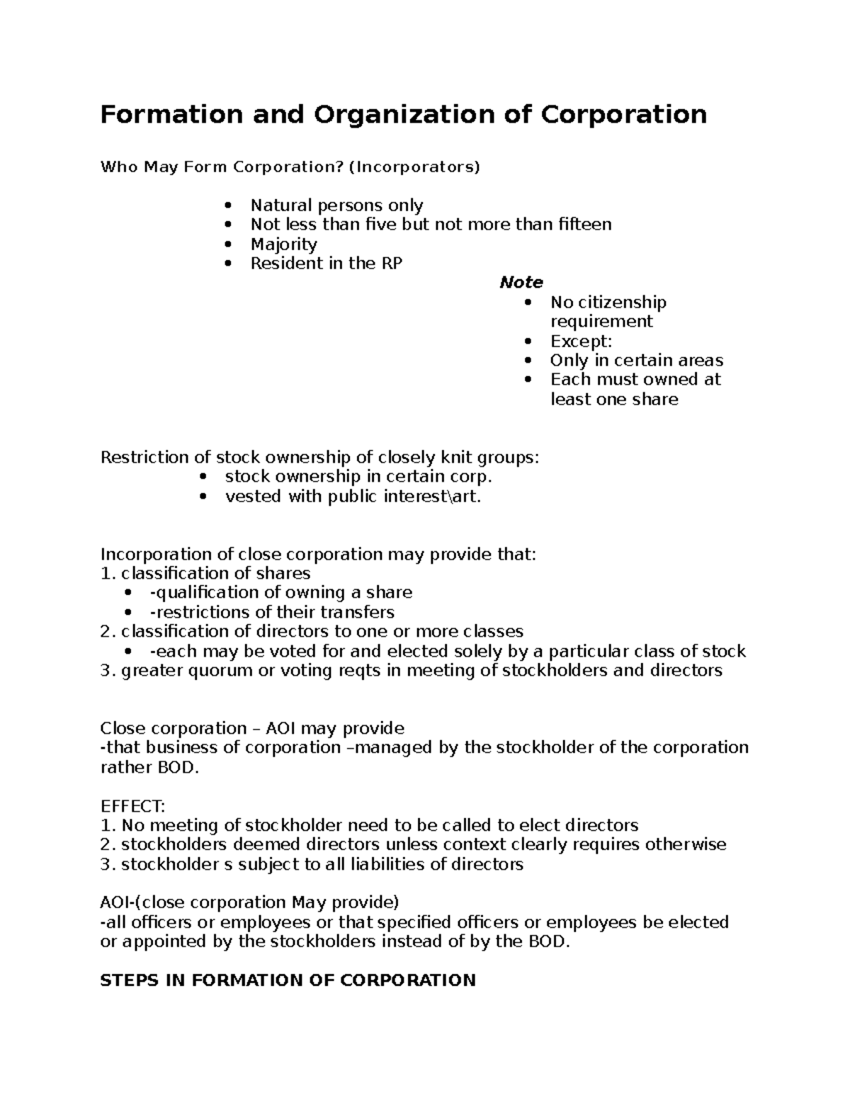 Formation AND Organization OF Corporation - Formation and Organization ...