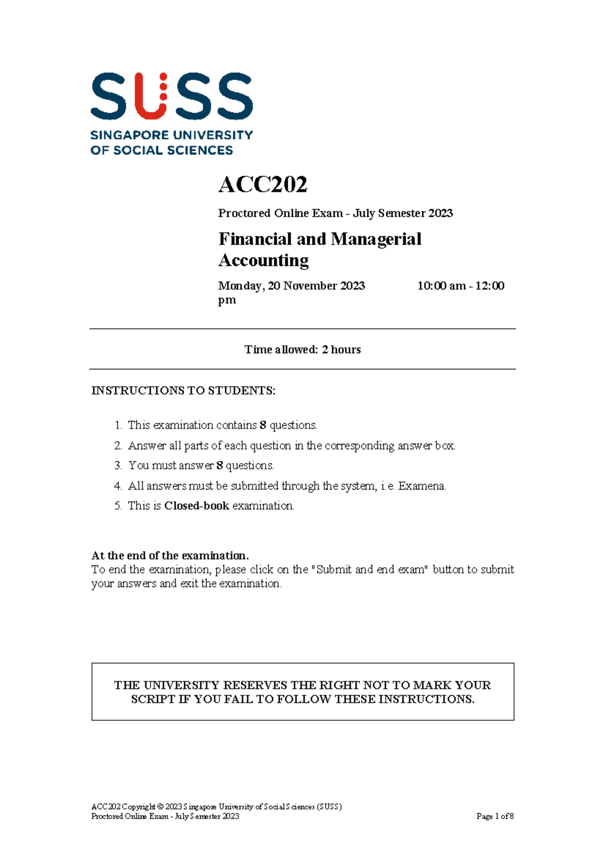 ACC202 JUL 2023 POE - ACC202 Copyright © 2023 Singapore University of ...