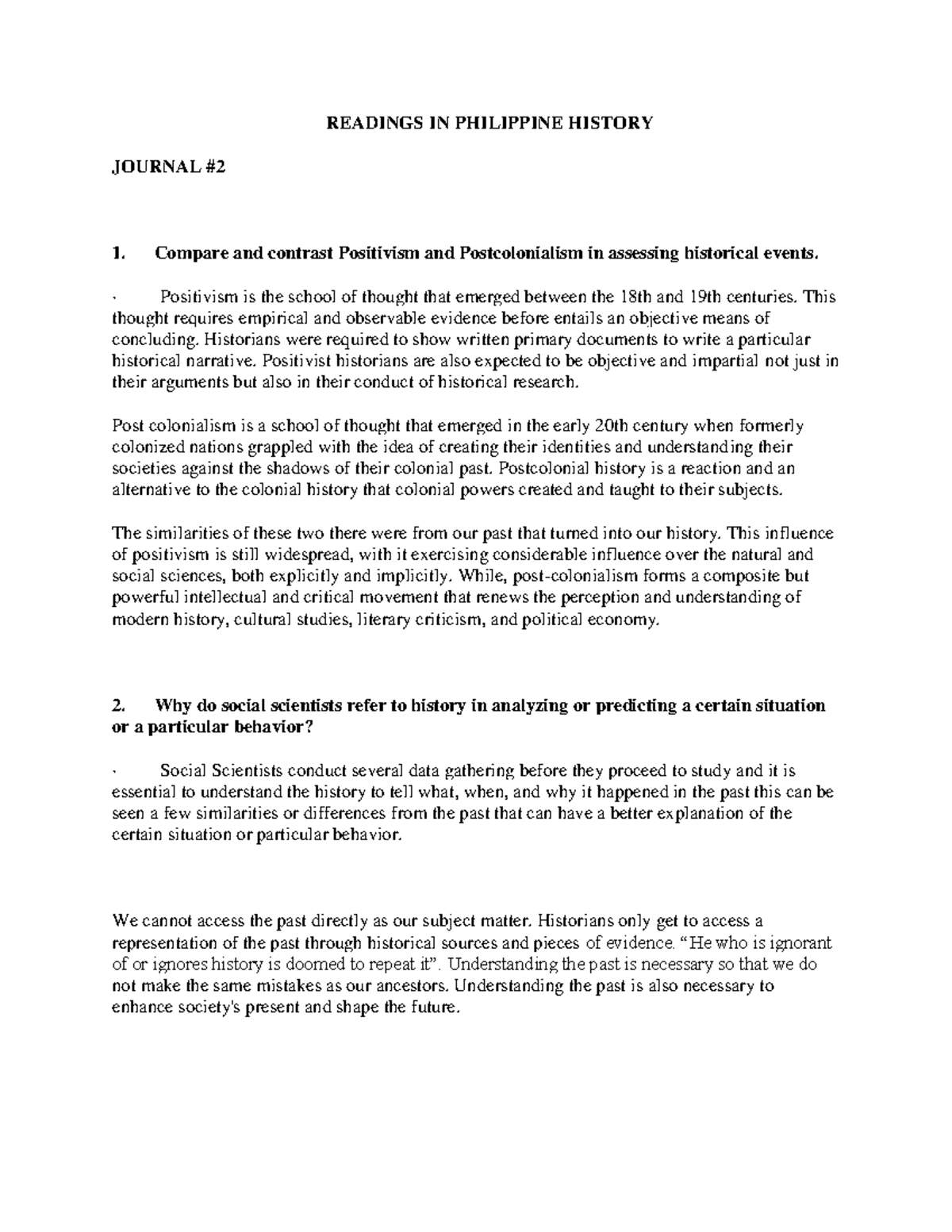 Journal 1 - READINGS IN PHILIPPINE HISTORY JOURNAL 1. Compare and ...