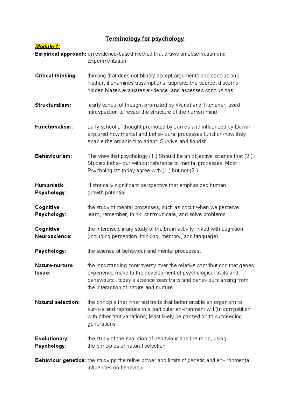 Terminology for psychology - Terminology for psychology Module 1 ...