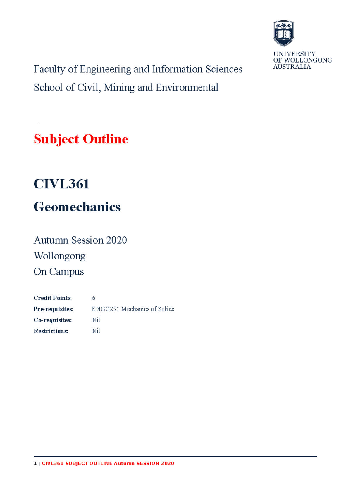 CIVL361 - Autumn 2020 - dates updated - Faculty of Engineering and ...