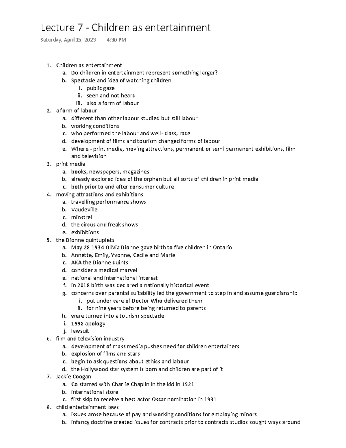 YC200 Lecture 7 - Children as entertainment a. Do children in ...