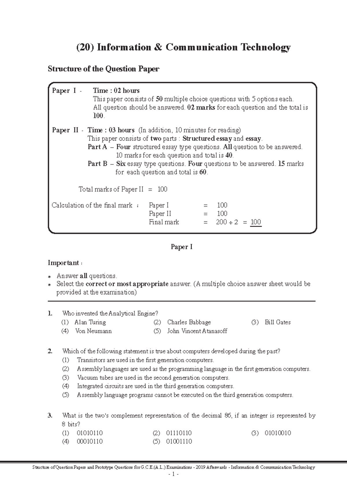 Gce advance level exam 2019 information and communication technology ...