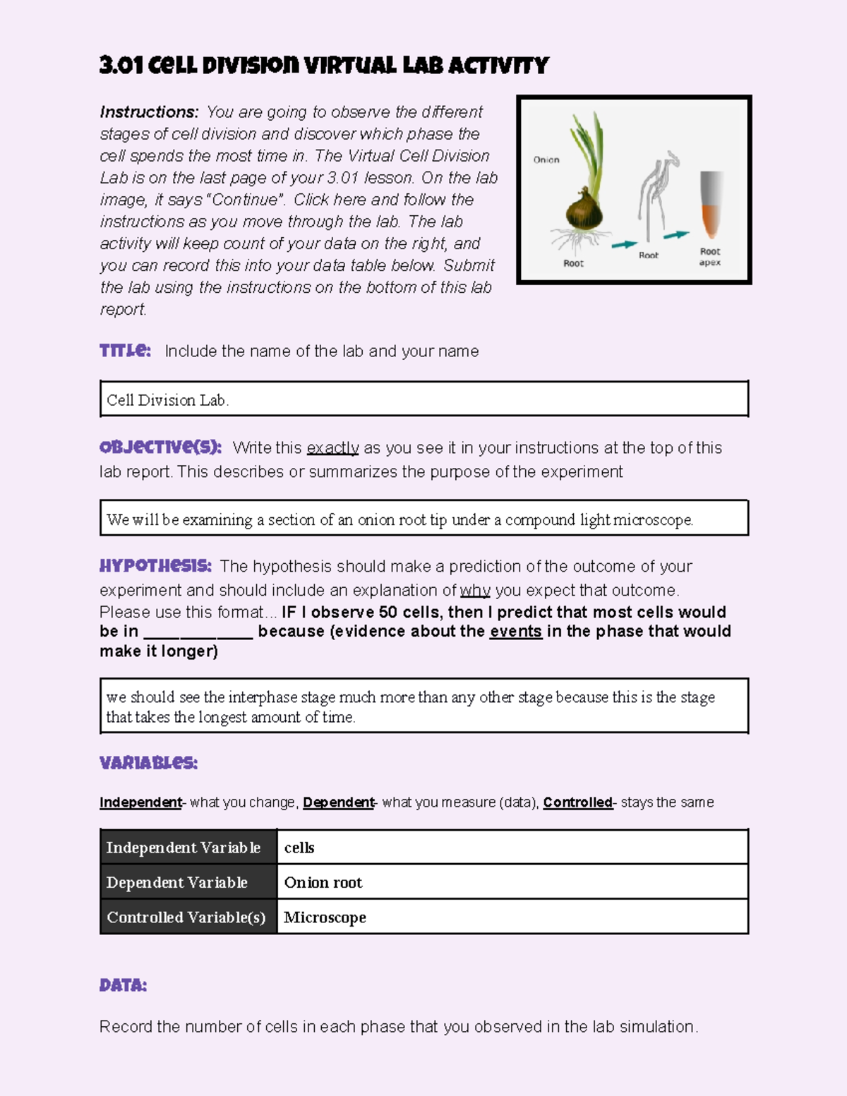 Copy of 3 01 Lab Report Template v23 - 3 Cell Division Virtual Lab ...