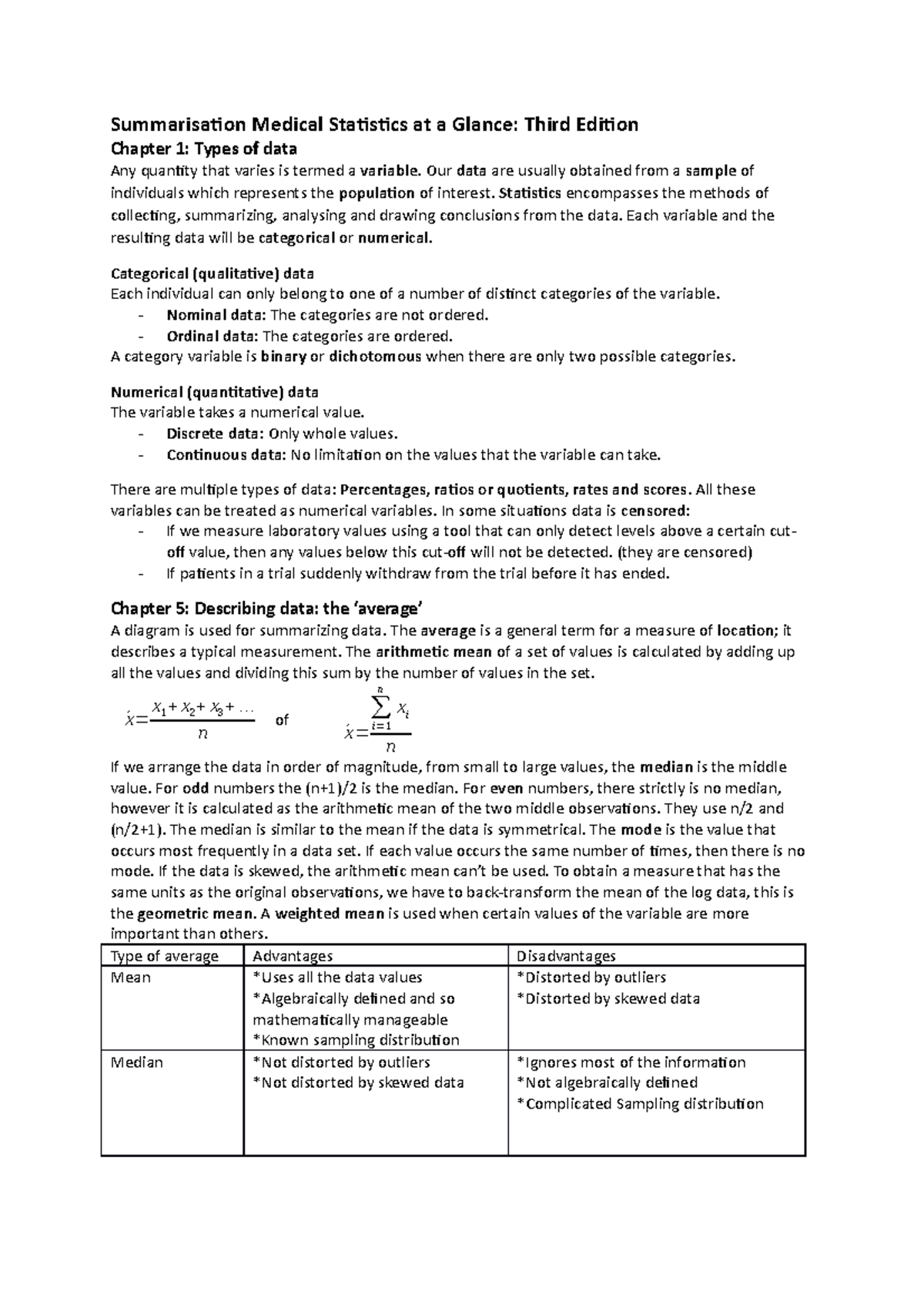 Summarisation Medical Statistics at a Glance - Our data are usually ...