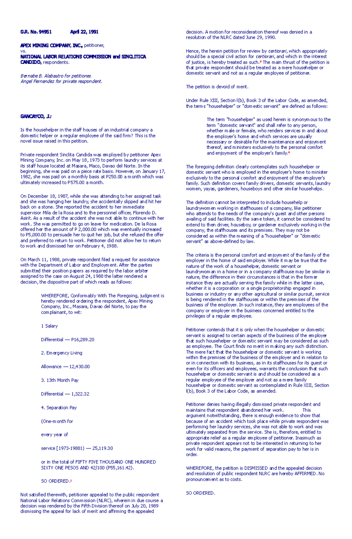 IV.A.8 Apex Mining Company, Inc. v. NLRC, April 22, 1991 - G. No. 94951 ...