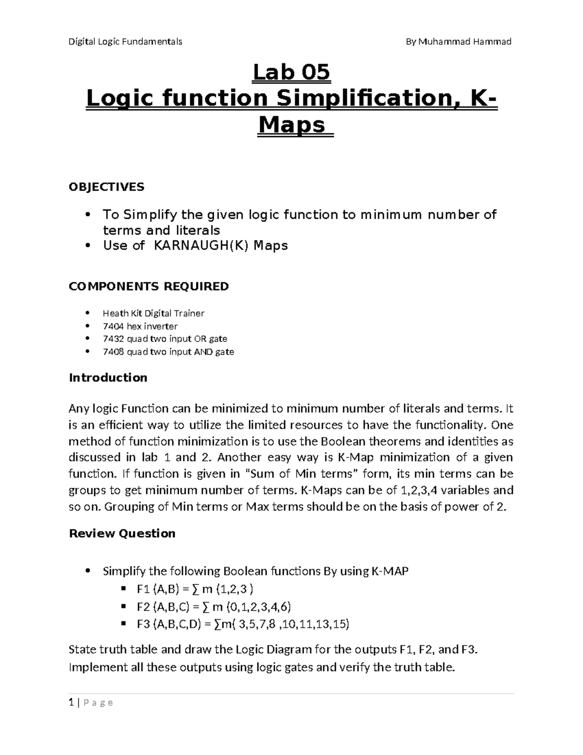 Lab 05 - z transform - Digital Logic Fundamentals By Muhammad Hammad Lab 05 Logic function - Studocu