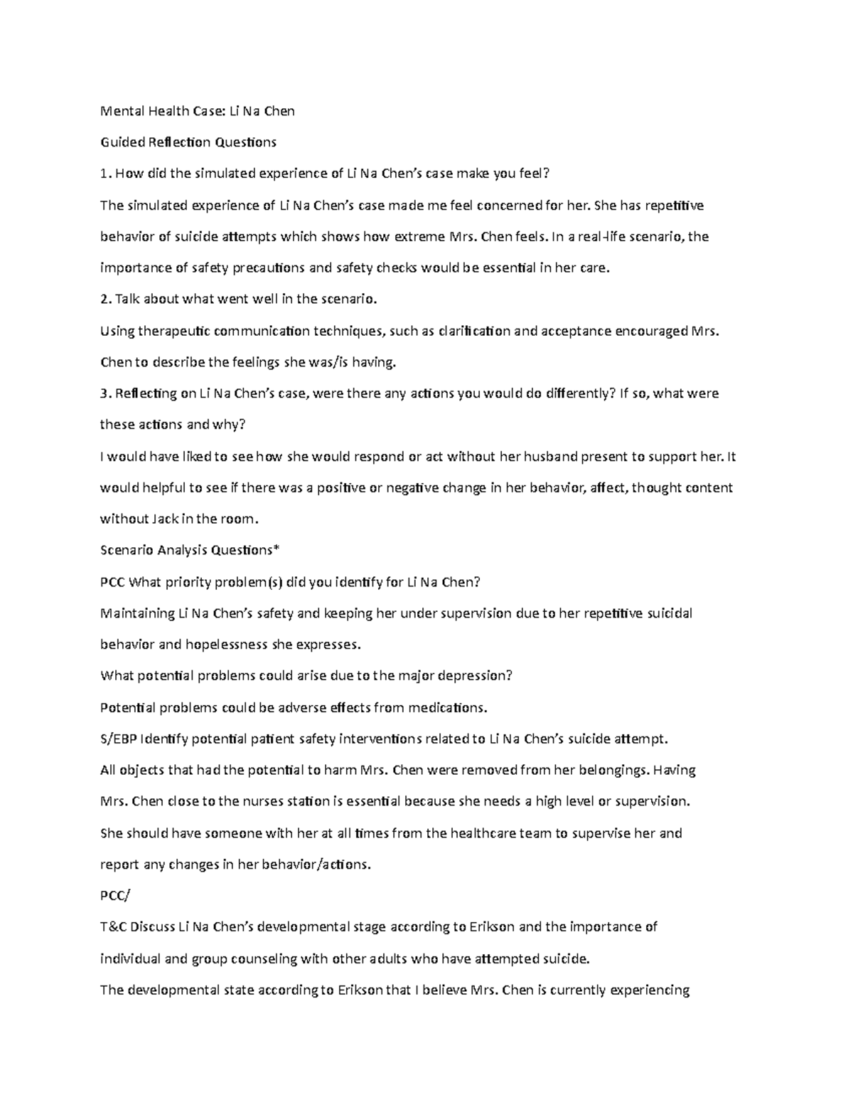 RN 222 v Sims #1 Canvas Question - Mental Health Case: Li Na Chen ...