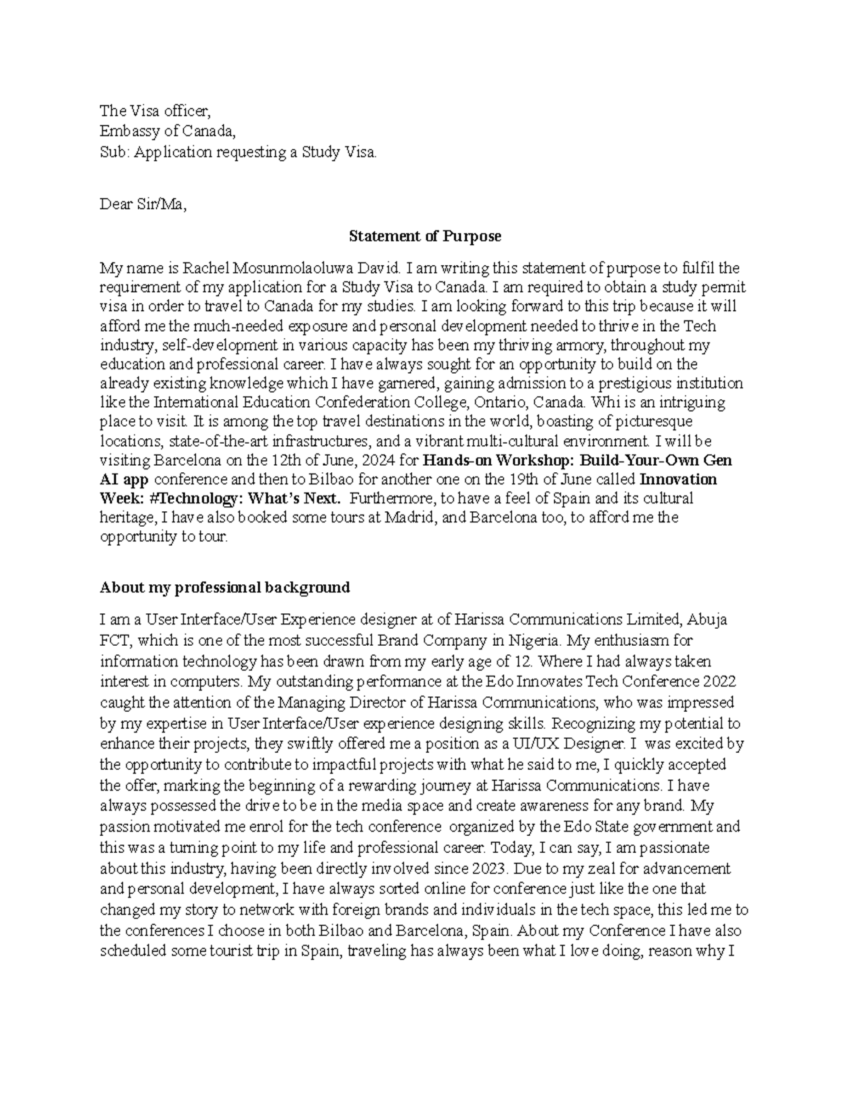 SOP Mosun - Statement of Purpose for my travel plans - The Visa officer ...