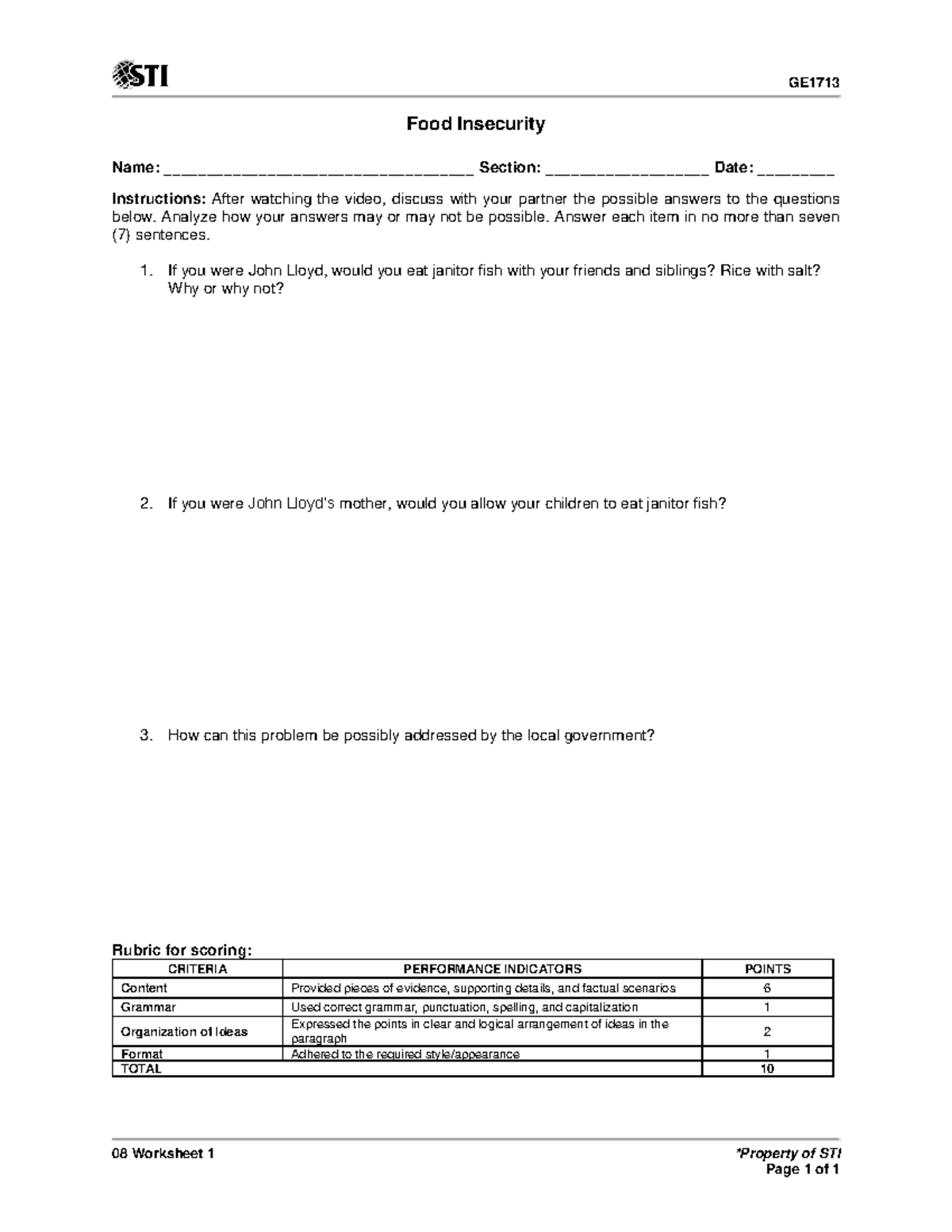 08-Worksheet-1 Food Insecurity - GE 08 Worksheet 1 *Property of STI ...