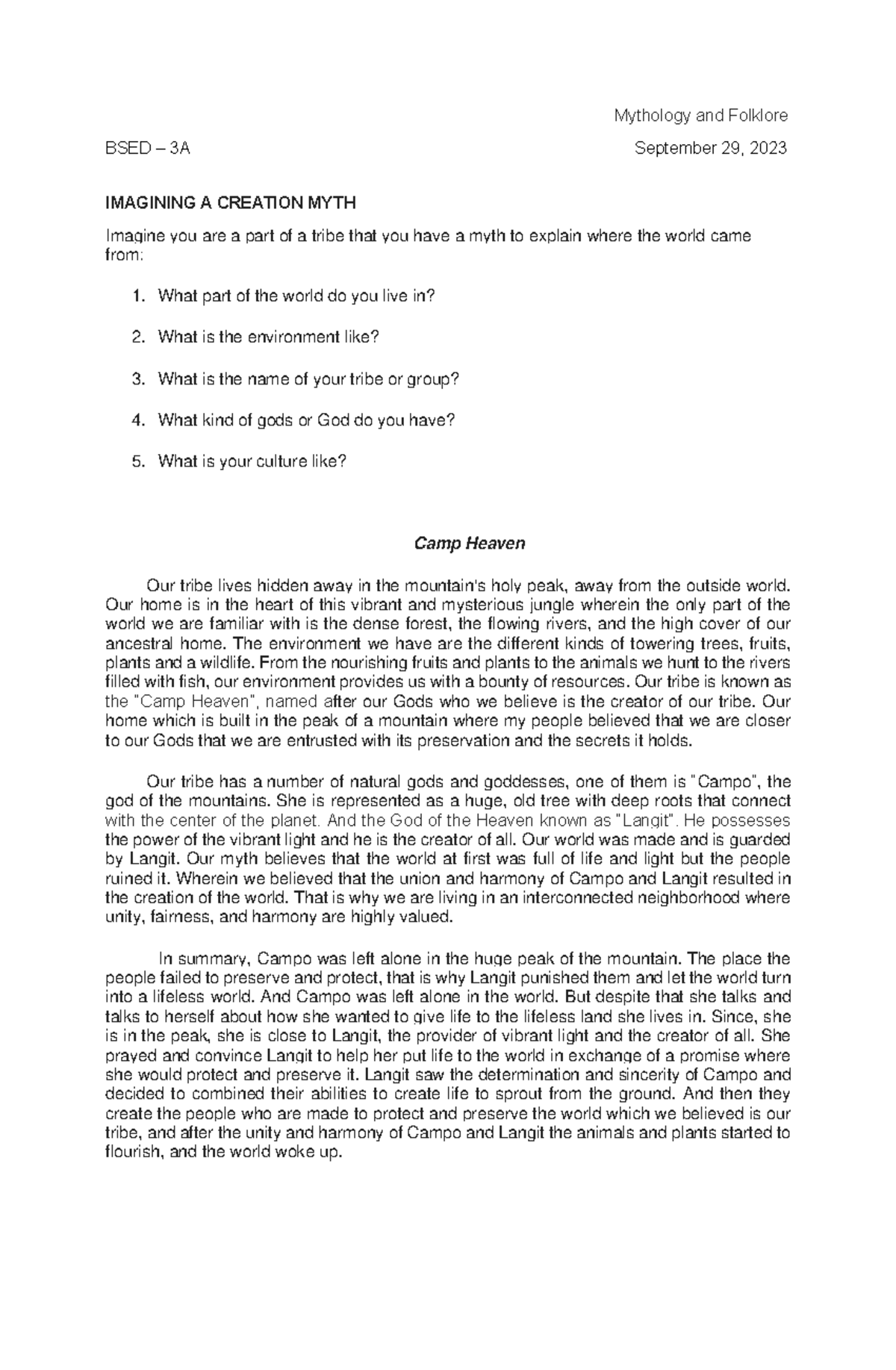LIT 5 - Imagining a Creation Myth - Mythology and Folklore BSED – 3A ...