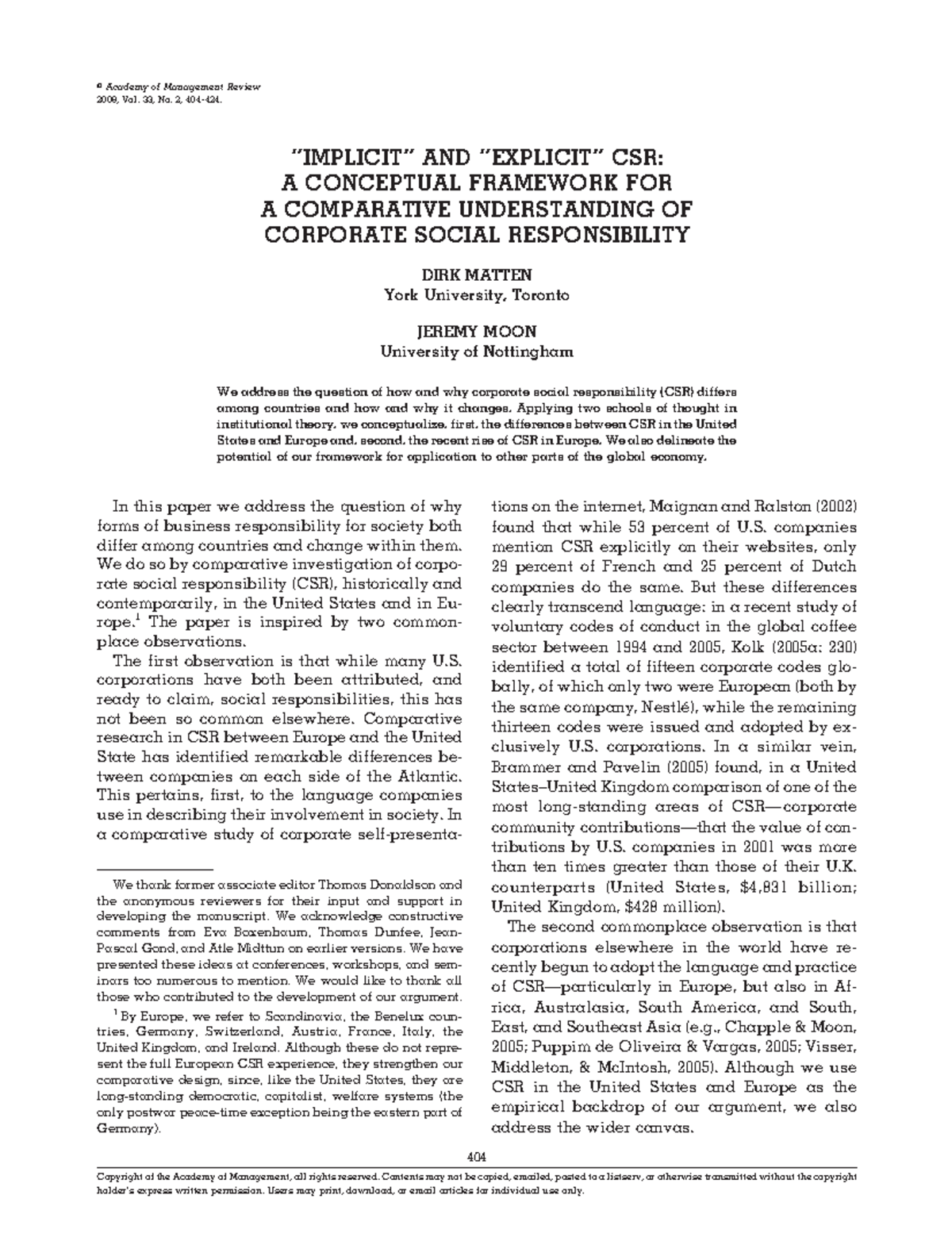 Implicit” And Explicit” Csr Implicit” And Explicit” Csr A Conceptual Framework For A