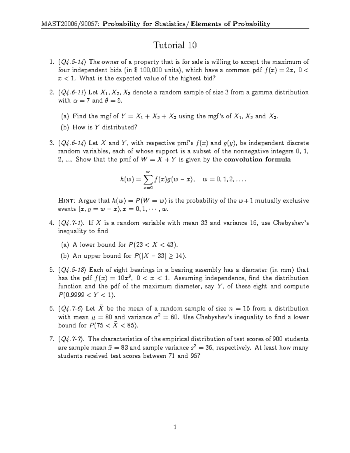 Tut 10 - tut 10 - MAST20006/90057: Probability for Statistics/ Elements of Probability Tutorial ...
