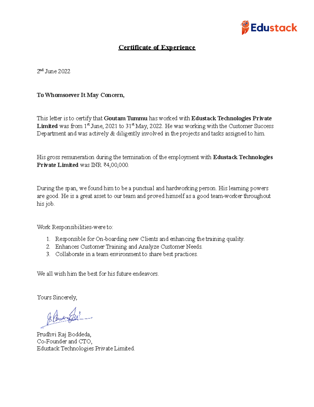 Experience Letter - Goutham - Certificate of Experience 2 nd June 2022 ...