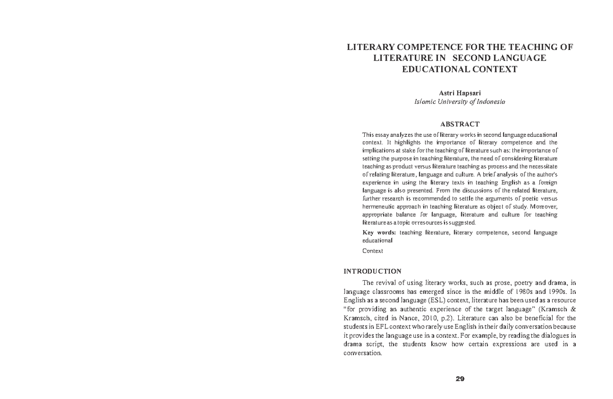 Literary Competence For The Teaching Of Literature In Second Language ...