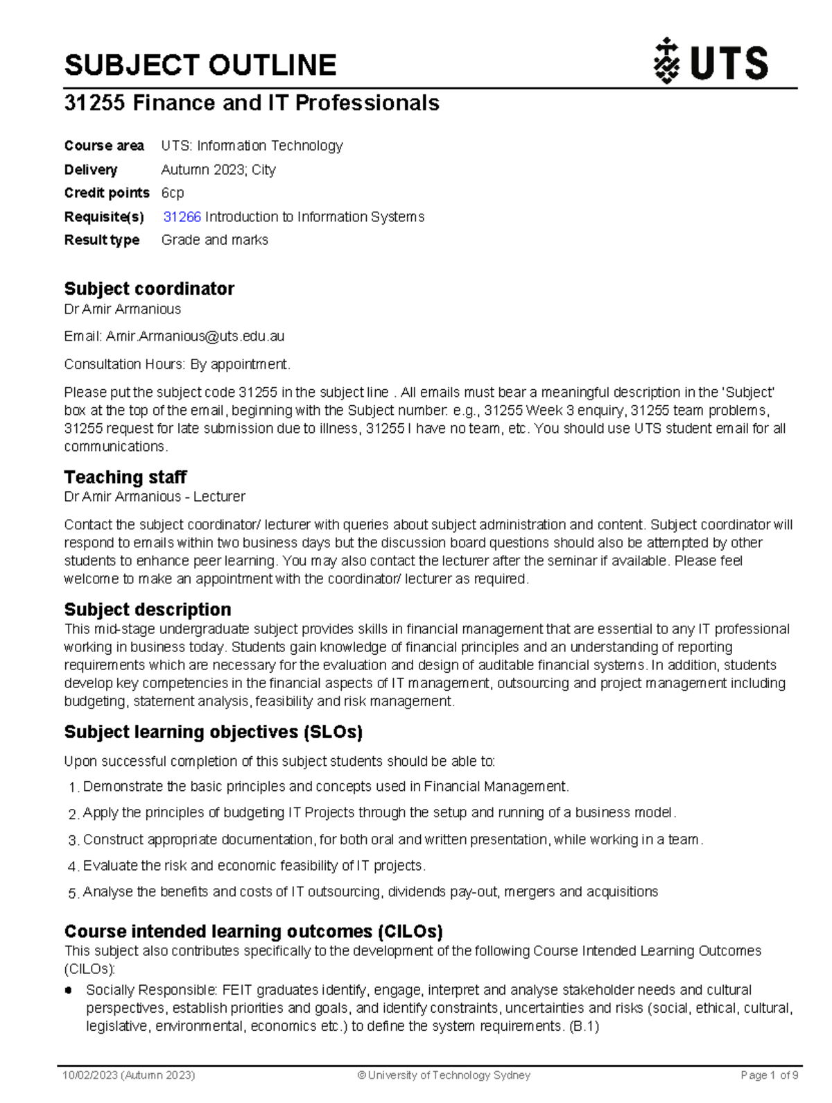 Subject Outline - SUBJECT OUTLINE 31255 Finance and IT Professionals ...