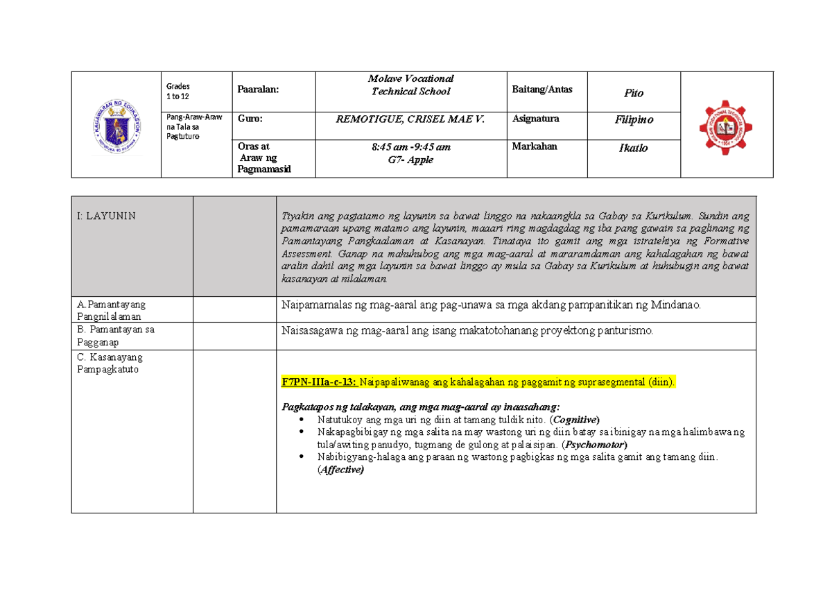 Pasing G7 DLP DIIN - Grades 1 to 12 Paaralan: Molave Vocational ...
