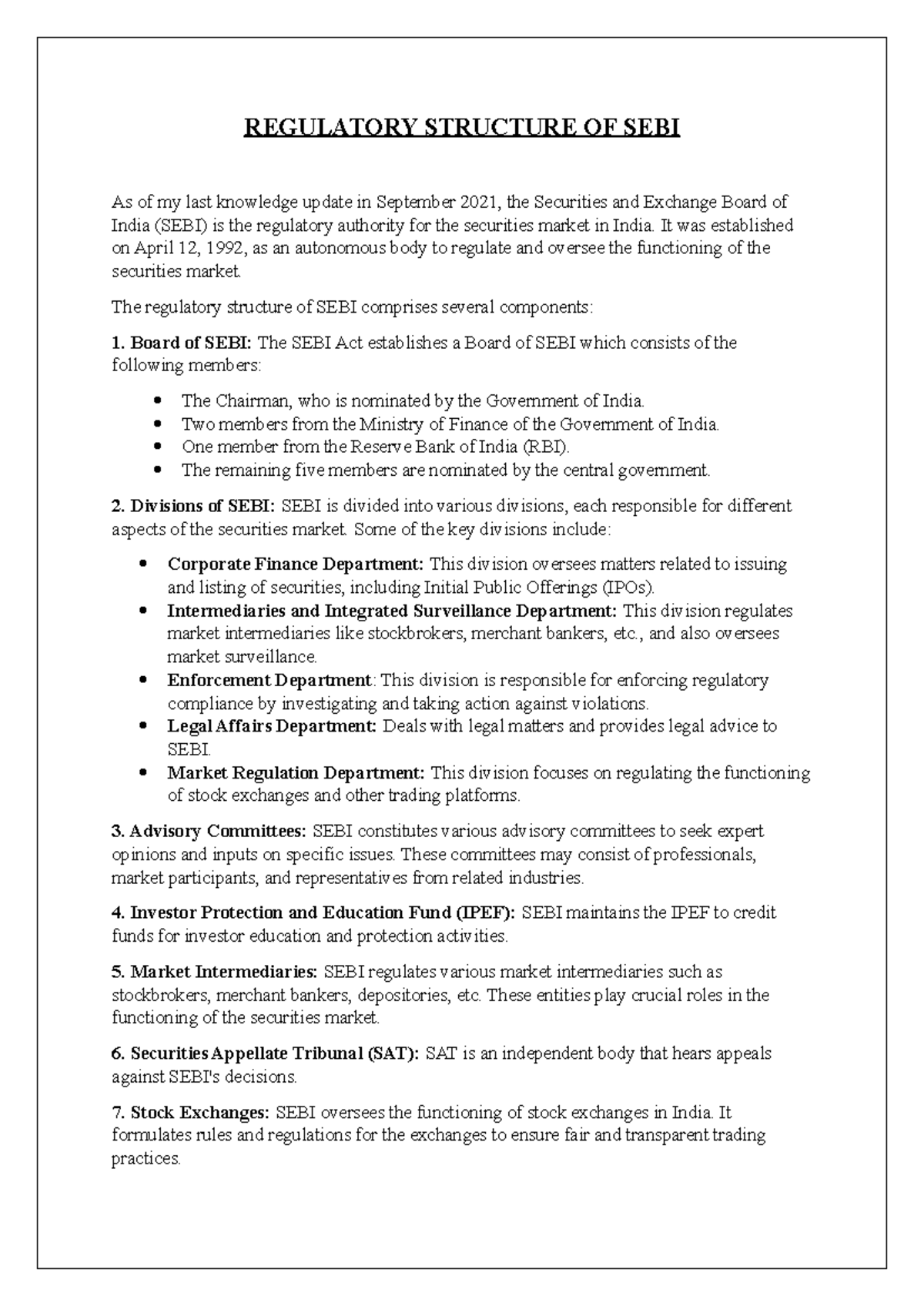 Regulatory Structure OF SEBI - REGULATORY STRUCTURE OF SEBI As of my ...