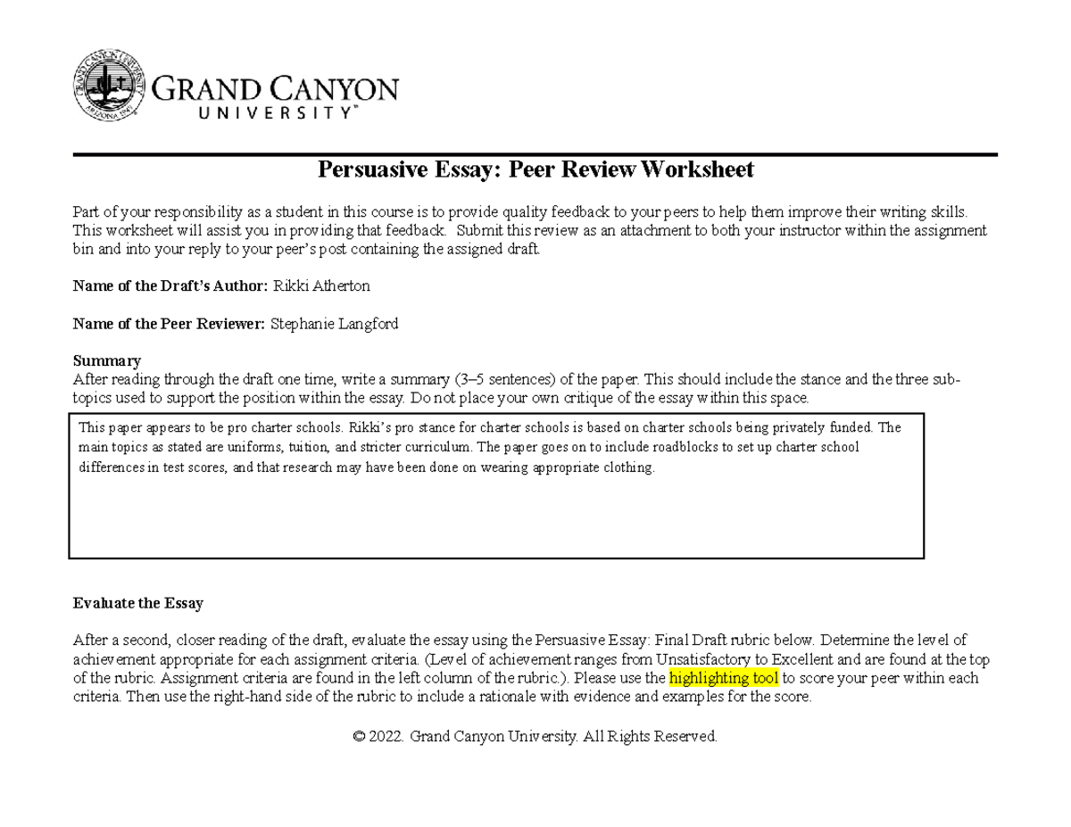 PHI-105Persuasive Essay Peer Review Worksheet - Persuasive Essay: Peer ...