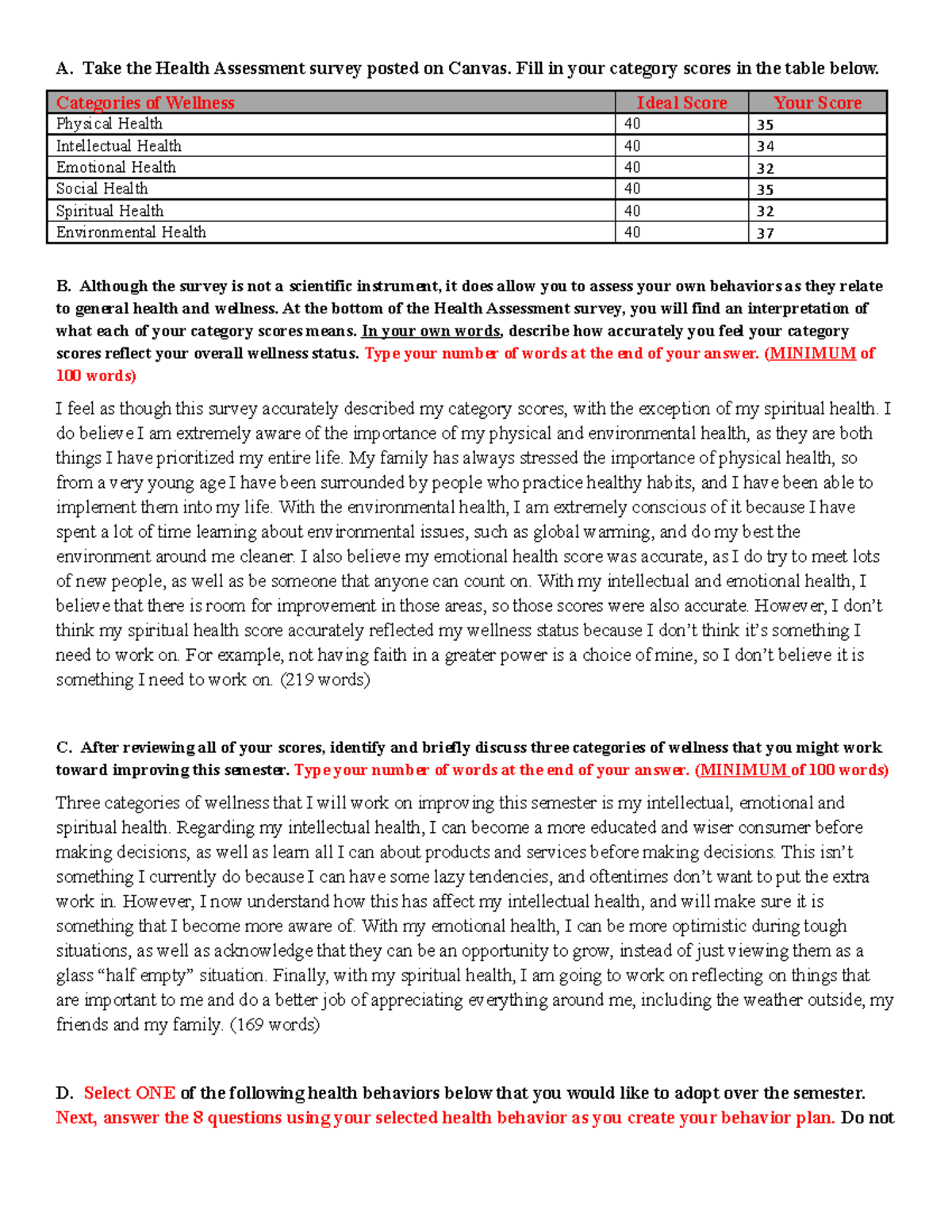 Pre-Health Assessment and Behavior Change Assignment-1 - A. Take the Health Assessment survey ...