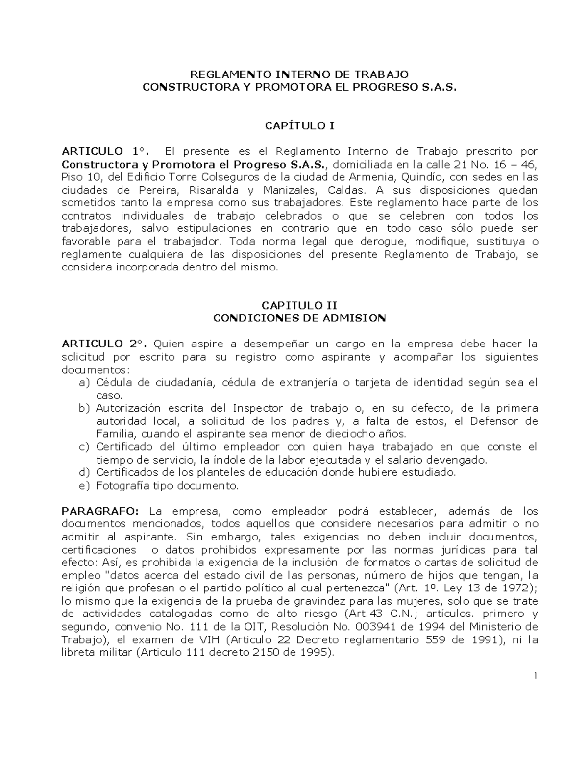 Reglamento Interno de Trabajo Constructora y Promotora el Progreso Mayo2022 - REGLAMENTO INTERNO ...