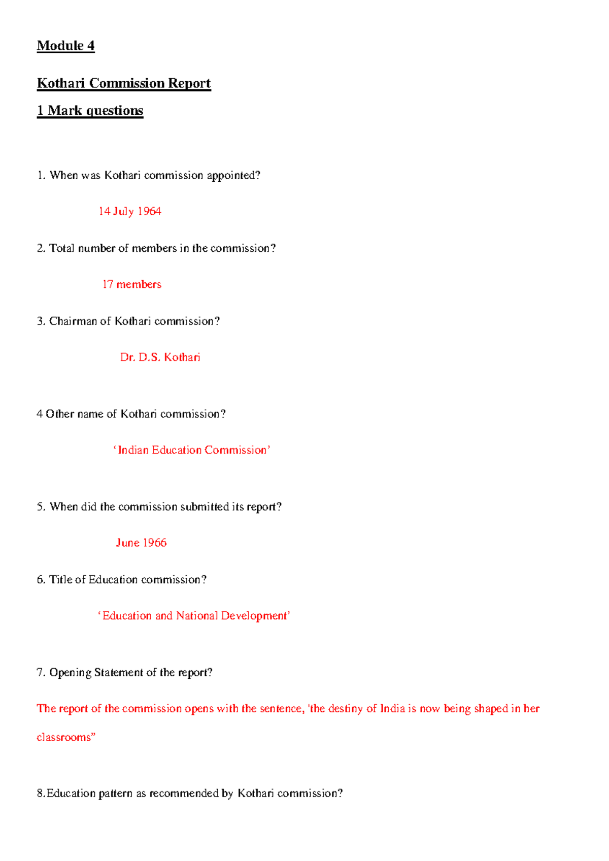 Kothari commission questions - Module 4 Kothari Commission Report 1 ...