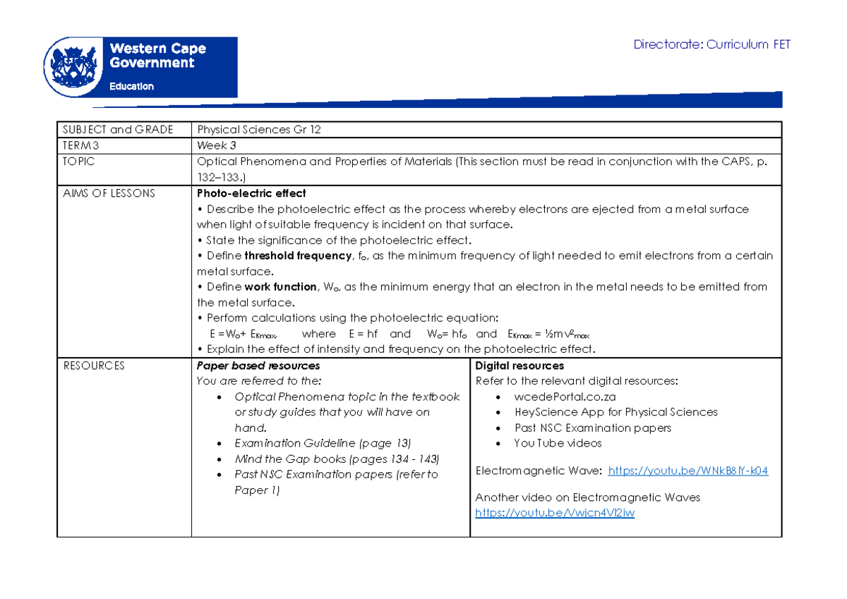 Physical Sciences Grade 12 Term 3 Week 3 2020 - Directorate: Curriculum ...