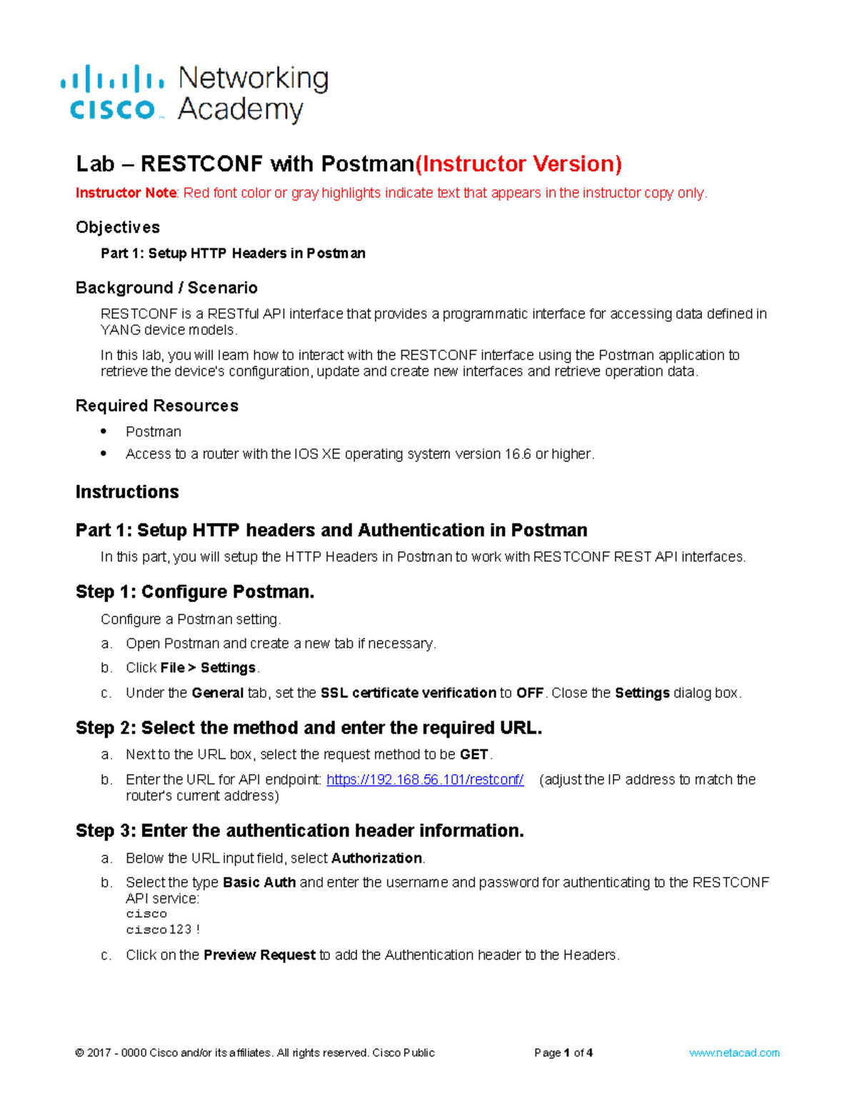 2.4 Lab - Restconf with Postman - ILM - Lab – RESTCONF with Postman(Instructor Version ...