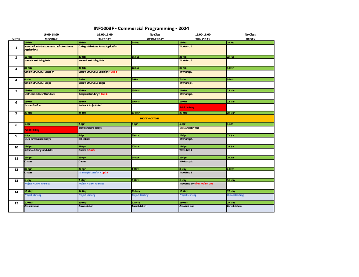 Course Outline for INF1003F: c# programming - 16:00-18:00 16:00-18:00 ...