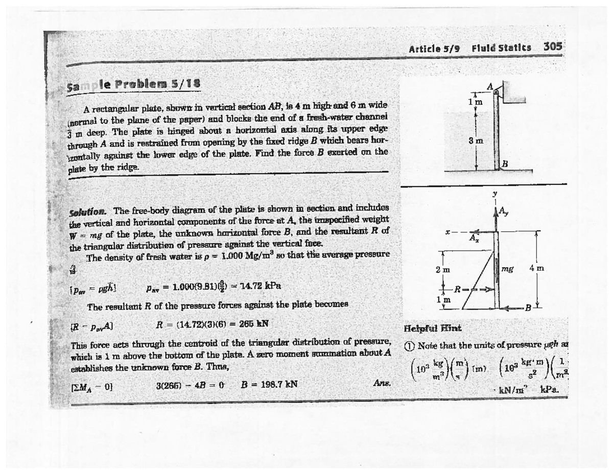 hydrostatics problem - Article Fluid Statics 305 Sample Problem A A ...