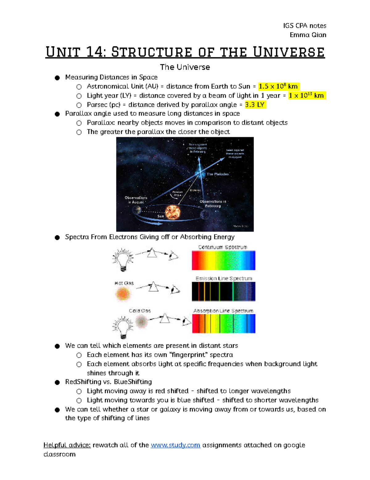 IGS CPA unit 14 notes - Emma Qian Unit 14: Structure of the Universe ...