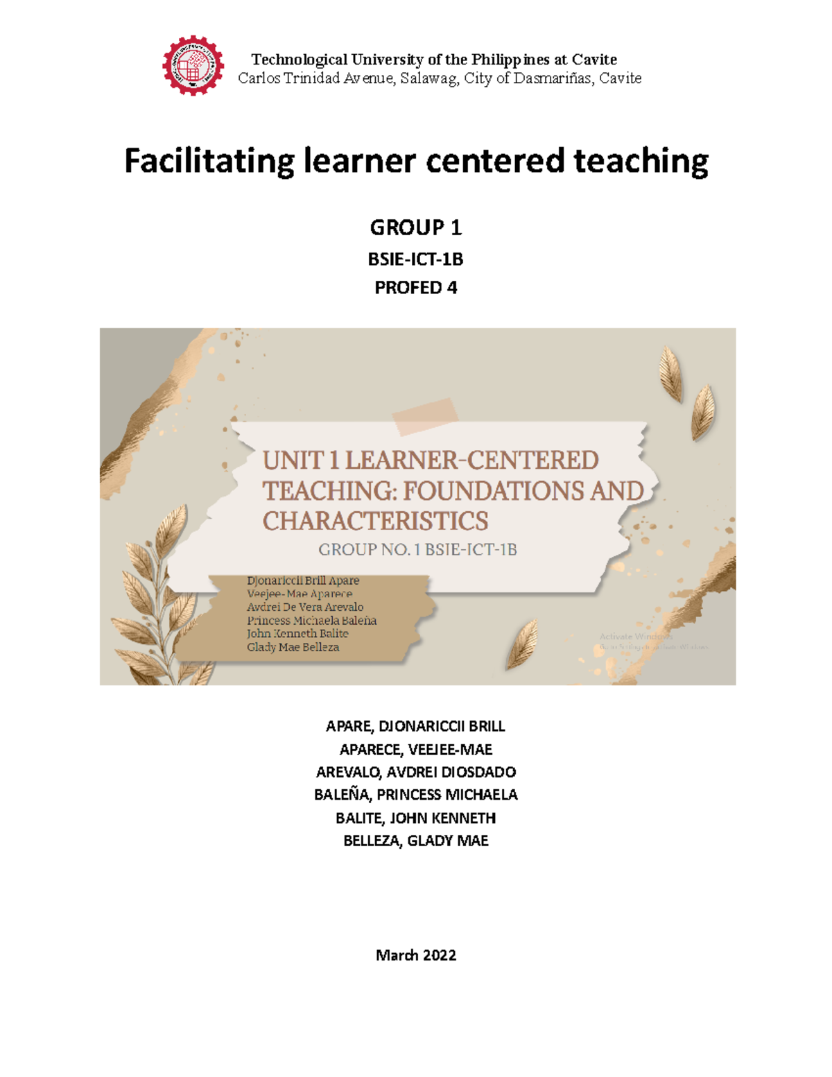 Group NO.1 UNIT NO.1 Facilitating learner centered teaching Report ...