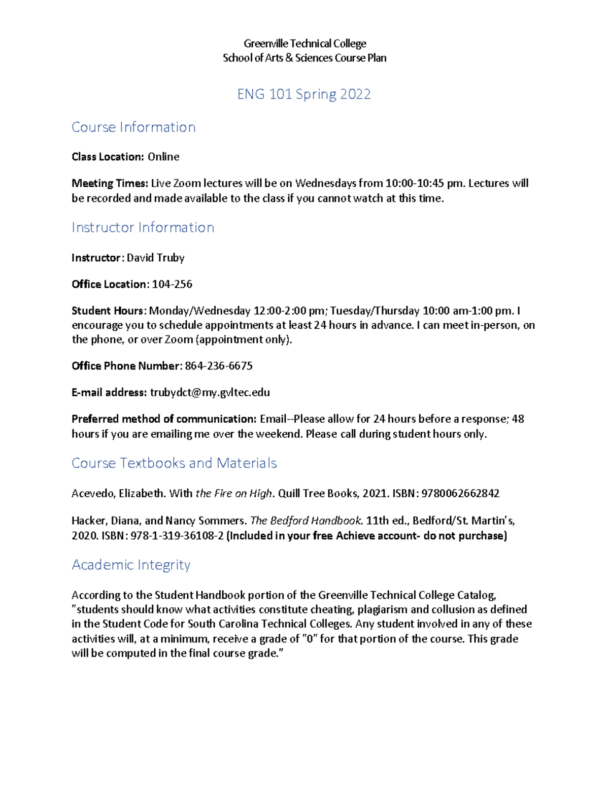 Truby D ENG 101 Course Plan 2022sp - School of Arts & Sciences Course ...