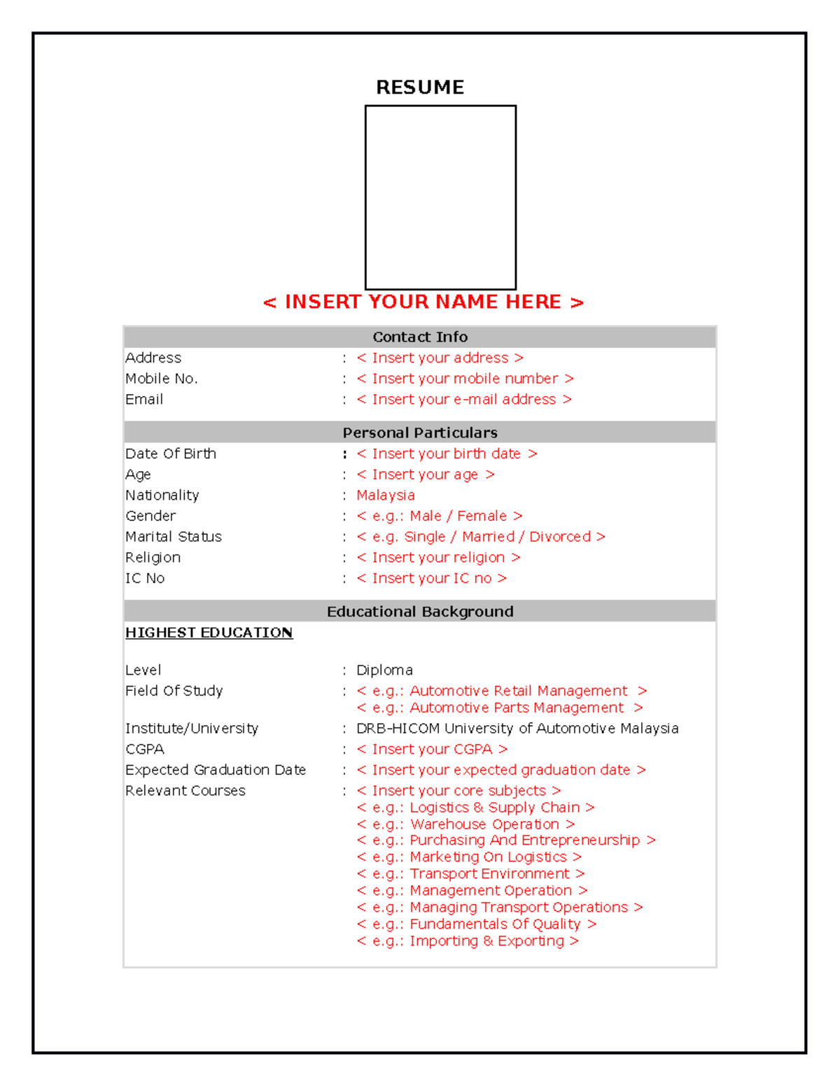 2.0. IP Sample Resume Template - RESUME Contact Info Address