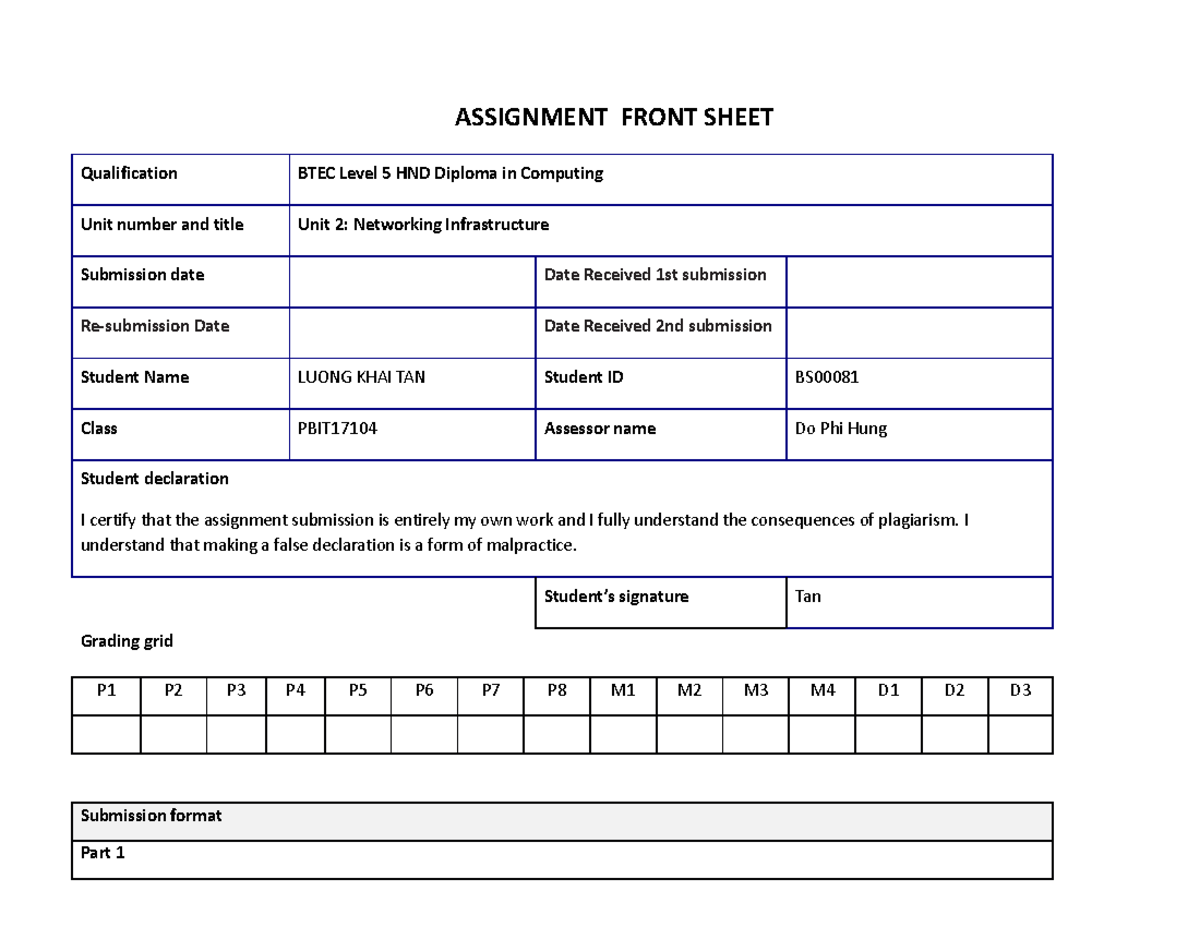 Asm 1-Networking - ASSIGNMENT FRONT SHEET Qualification BTEC Level 5 HND Diploma in Computing ...
