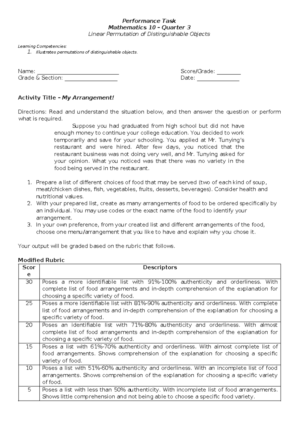 Performance task - Performance Task Mathematics 10 – Quarter 3 Linear ...