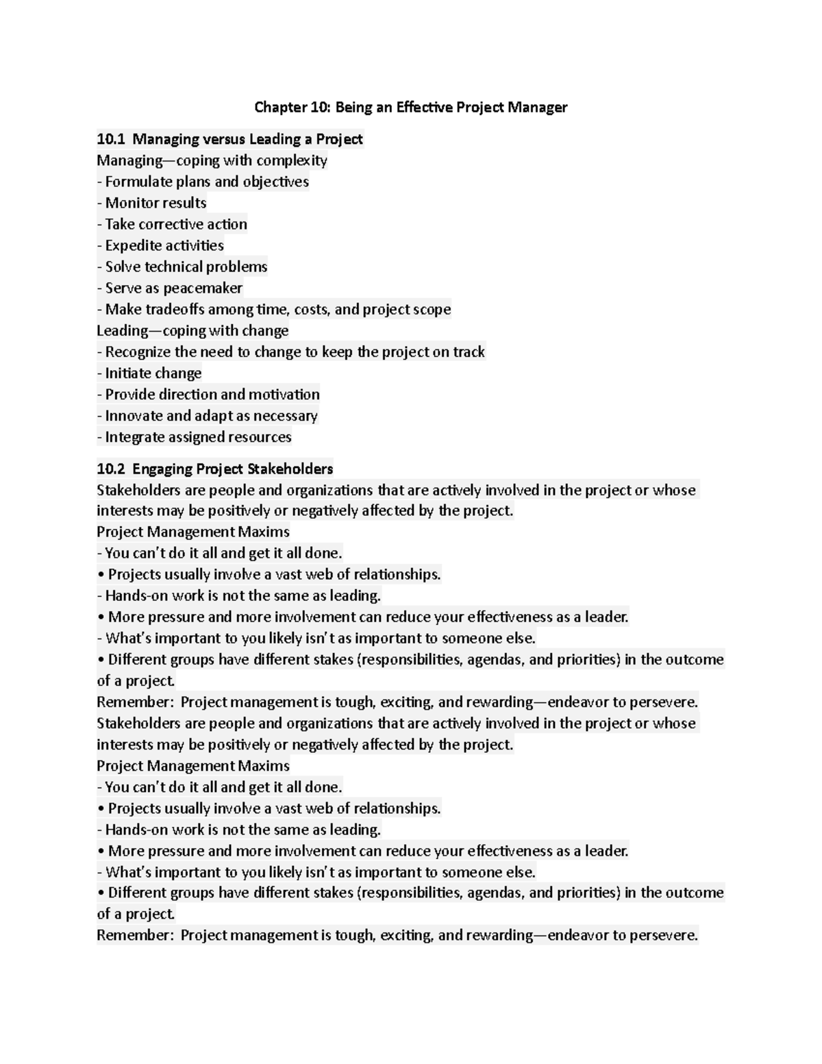 OPS-chap10 - chap10 - Chapter 10: Being an Effective Project Manager 10 Managing versus Leading ...