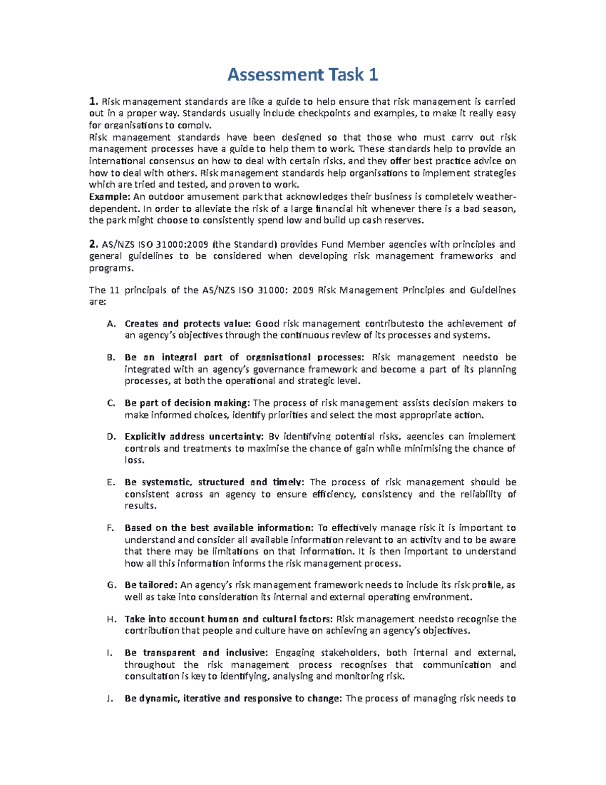 Task 1 - MANAGE RISK - Assessment Task 1 1. Risk management standards ...