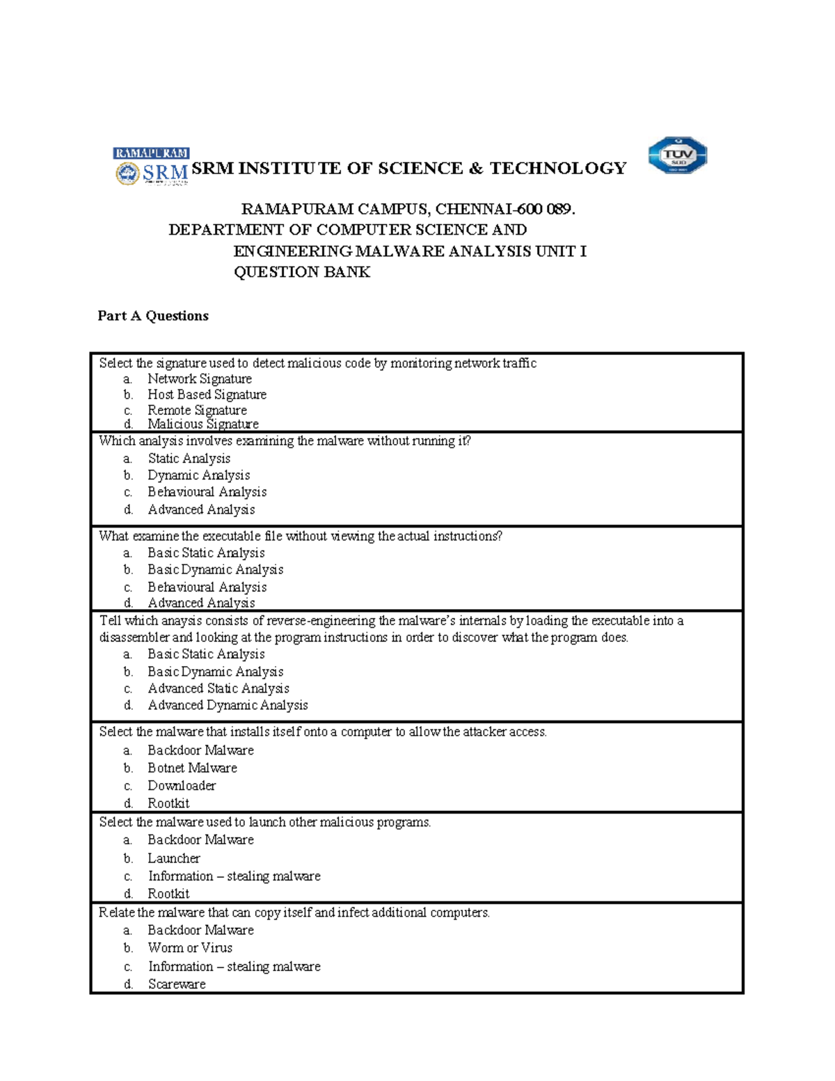 MA Unit I QB - SRM INSTITUTE OF SCIENCE & TECHNOLOGY RAMAPURAM CAMPUS, CHENNAI-600 089. - Studocu