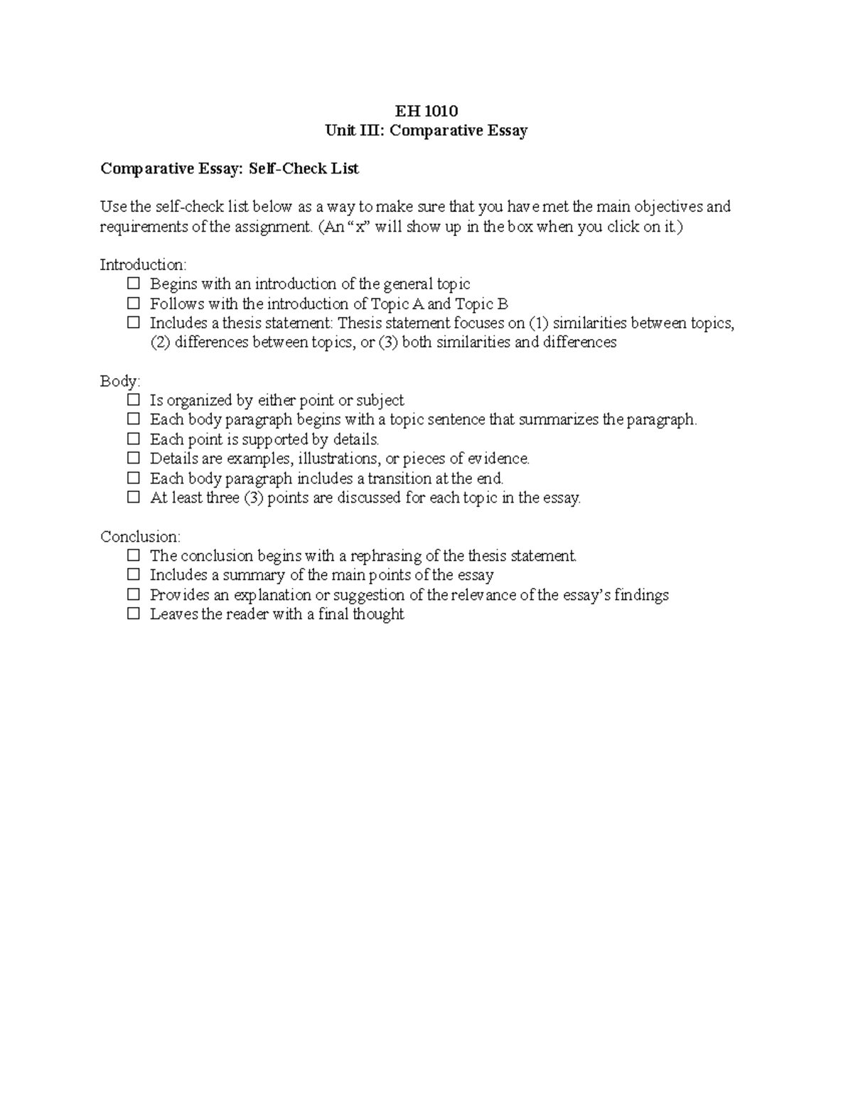 Unit III Comparative Essay Self Check List TH - EH 1010 Unit III ...
