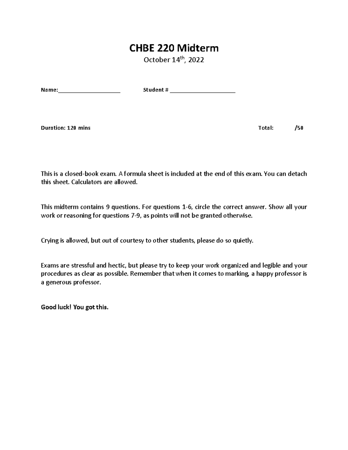 CHBE 220 Midterm 1 Solution - CHBE 220 Midterm October 14th, 2022 Name