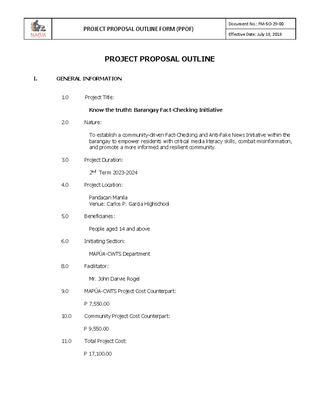 Project Proposal CWTS - PROJECT PROPOSAL OUTLINE FORM (PPOF) Effective Date: July 18, 201 8 ...