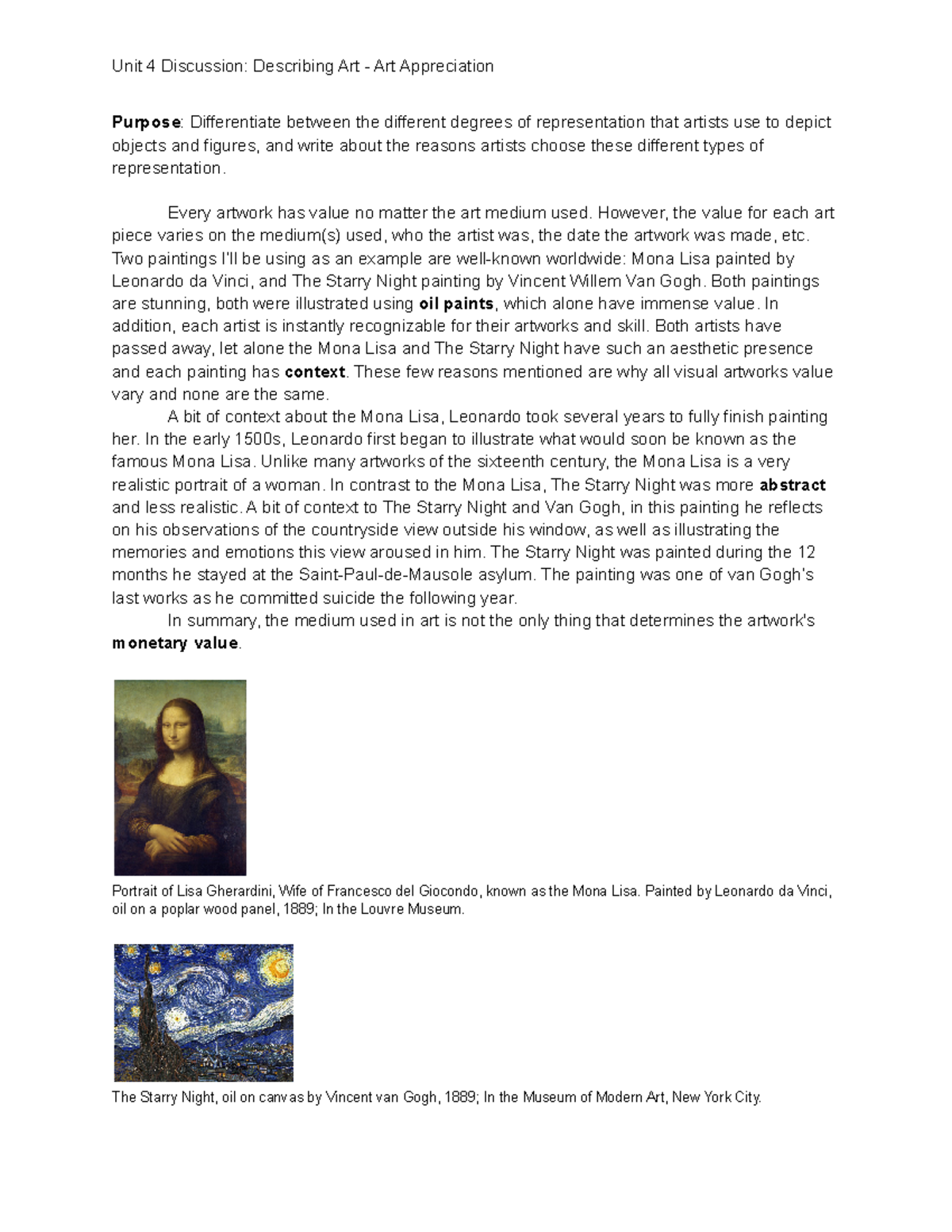 Unit 4 Discussion Describing Art - Art Appreciation - Unit 4 Discussion ...