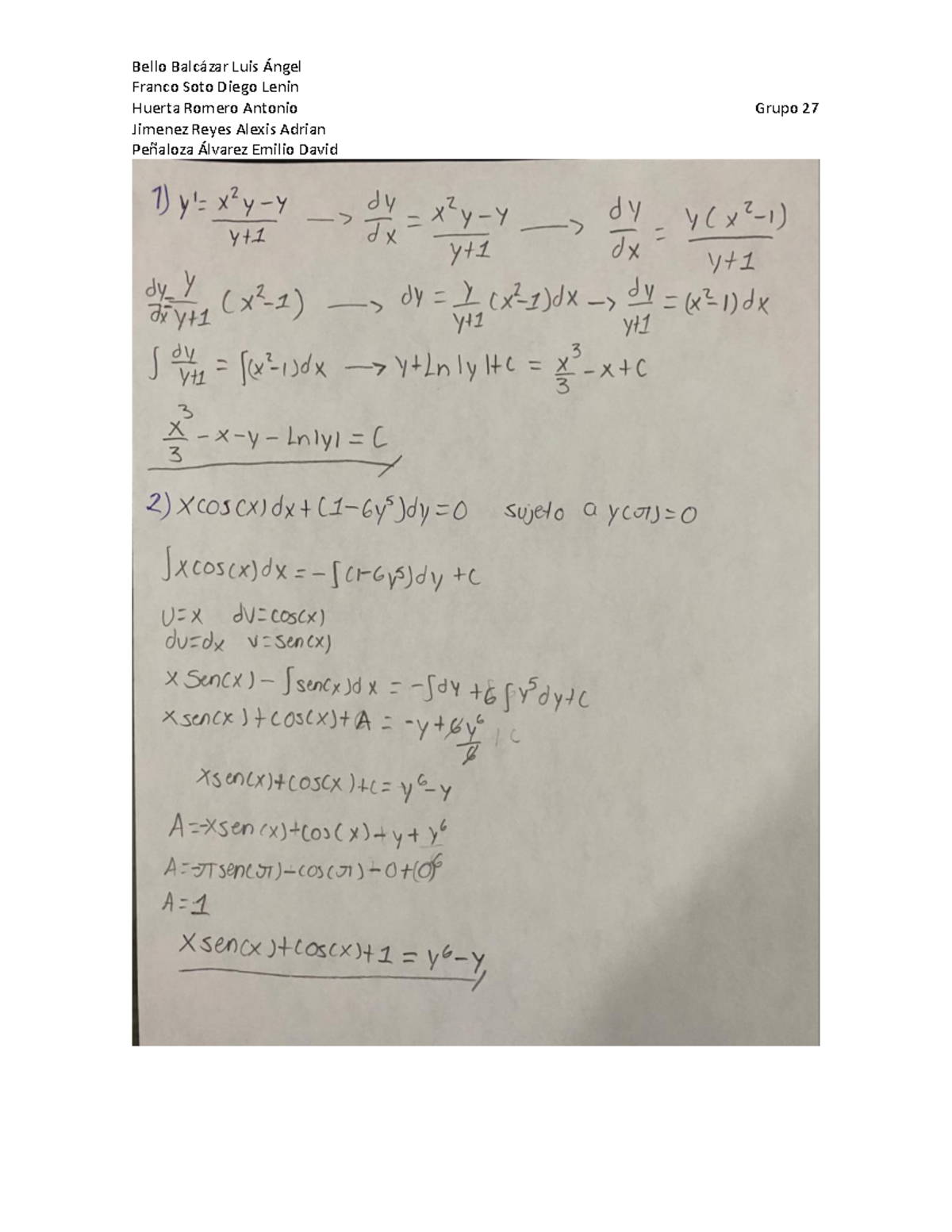 Serie 1 Ecuacuaciones diferenciales - Franco Soto Diego Lenin Huerta ...